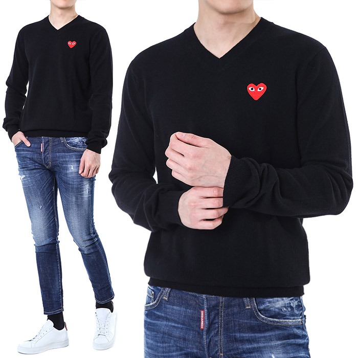 꼼데가르송 레드하트 와펜패치 울 브이넥 니트 (블랙)AX N002 051 1