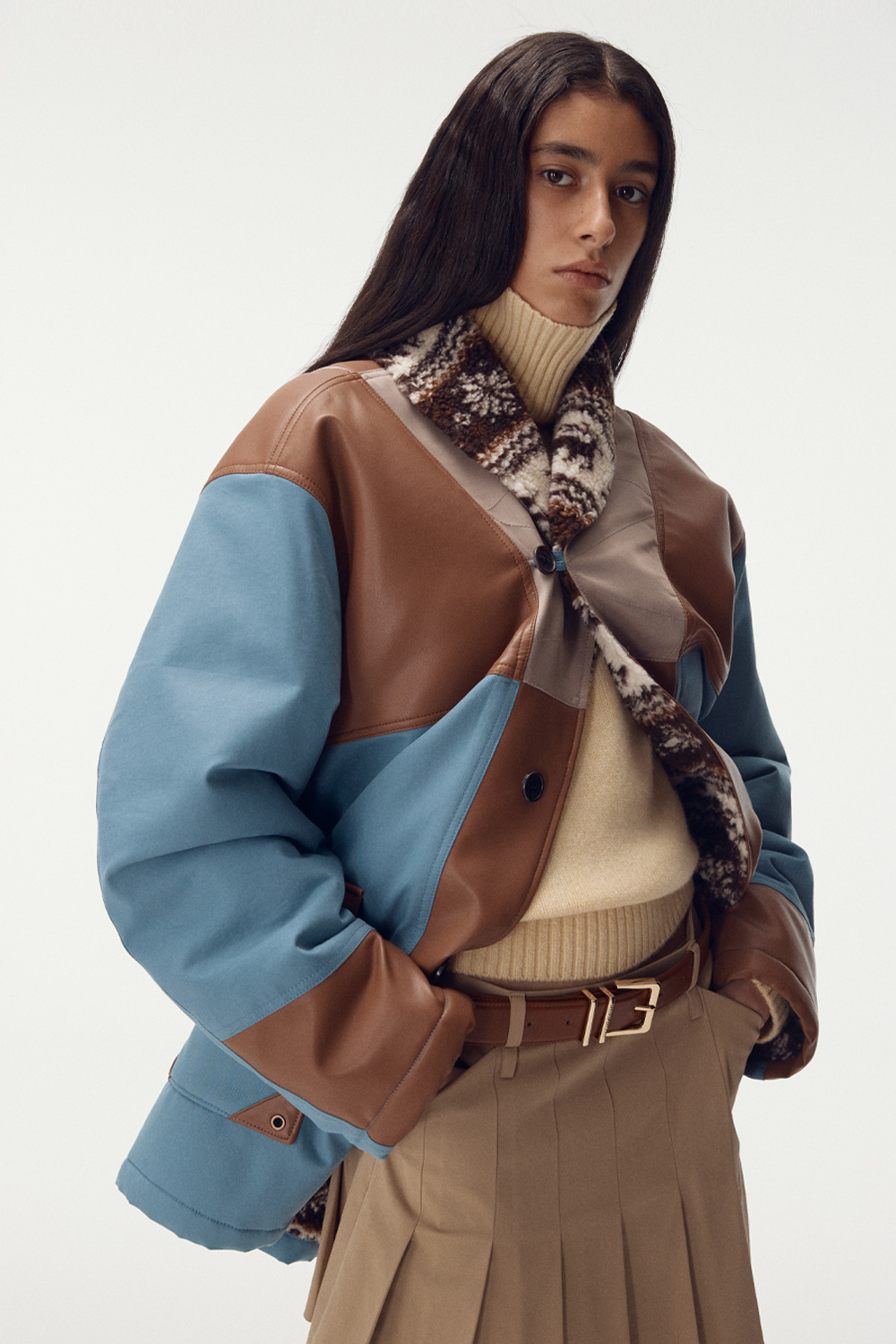 Shawl Collar Blocking Jacket, Blue - MAISONMARAIS