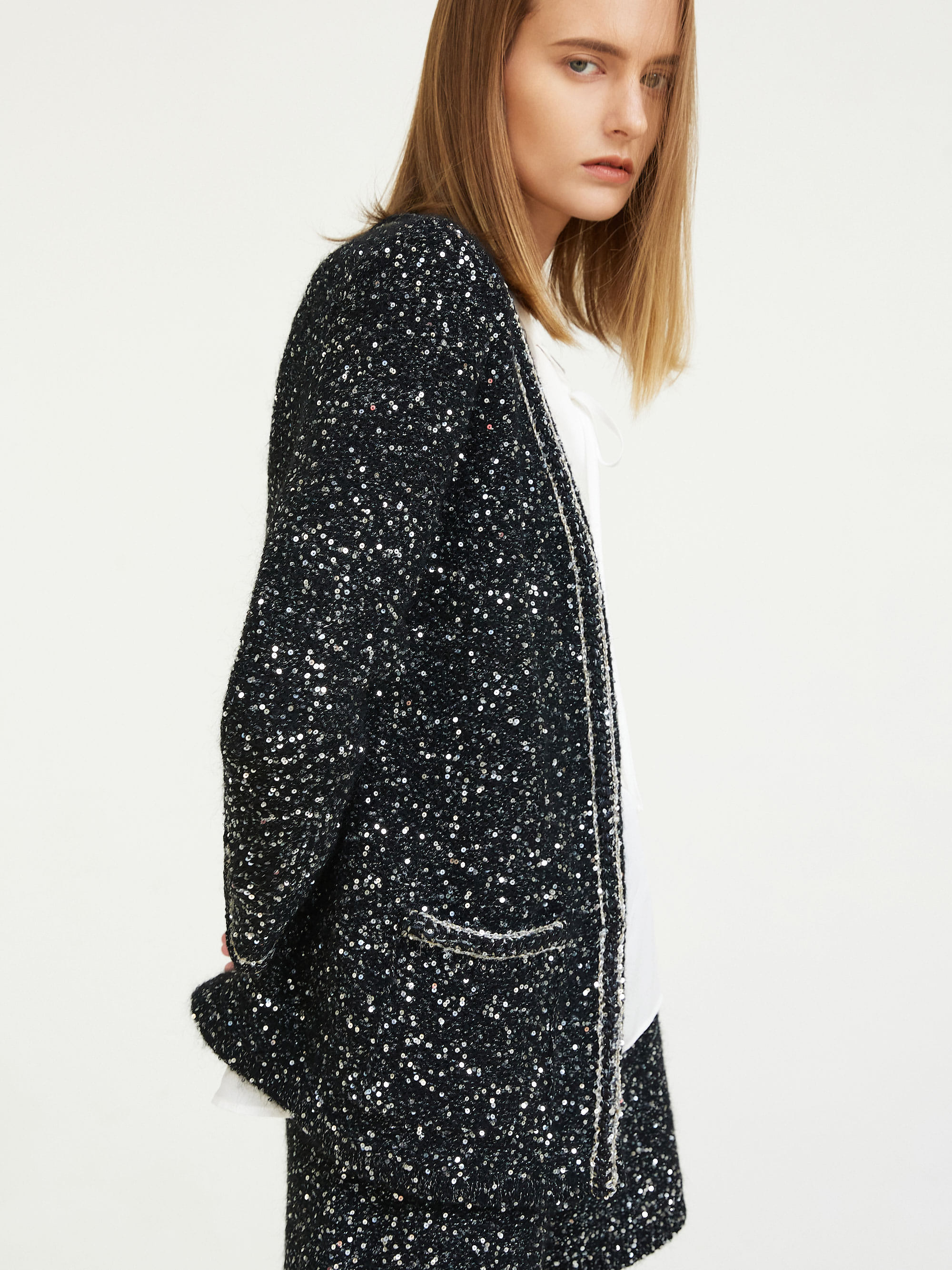 MARE DI MARI | Sequin Knit Cardigan - Black - 부드러운 구조와 시퀸 니트