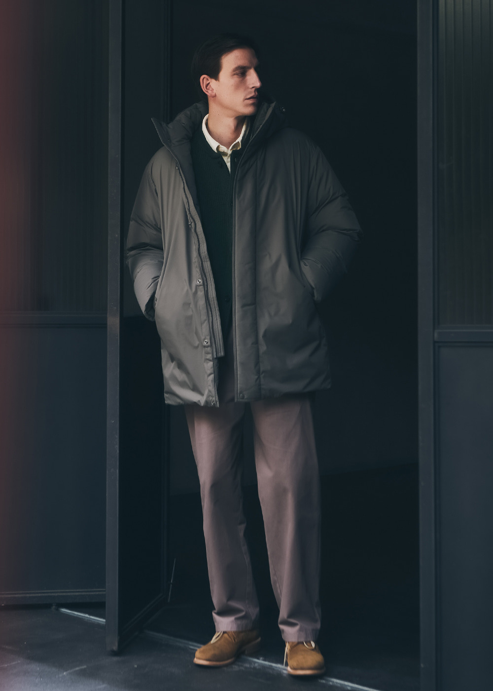 minimal hooded goose down parka khaki grey - UNIFORM BRIDGE
